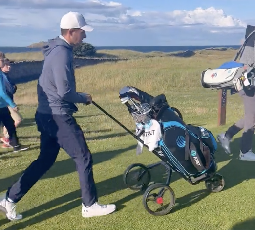 Yes, that’s Jordan Spieth using a pushcart around a local Scottish gem ...